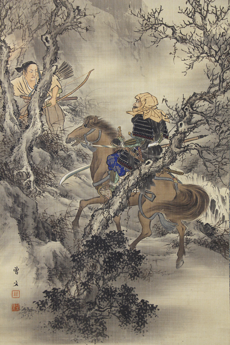 【傷や汚れあり】【真作】掛軸「森川曽文 鷲尾三郎鵯越嚮道図」三宅呉暁箱書 二重箱 幕末明治 日本画家 前川五嶺・長谷川玉峯門下 絵画の落札情報